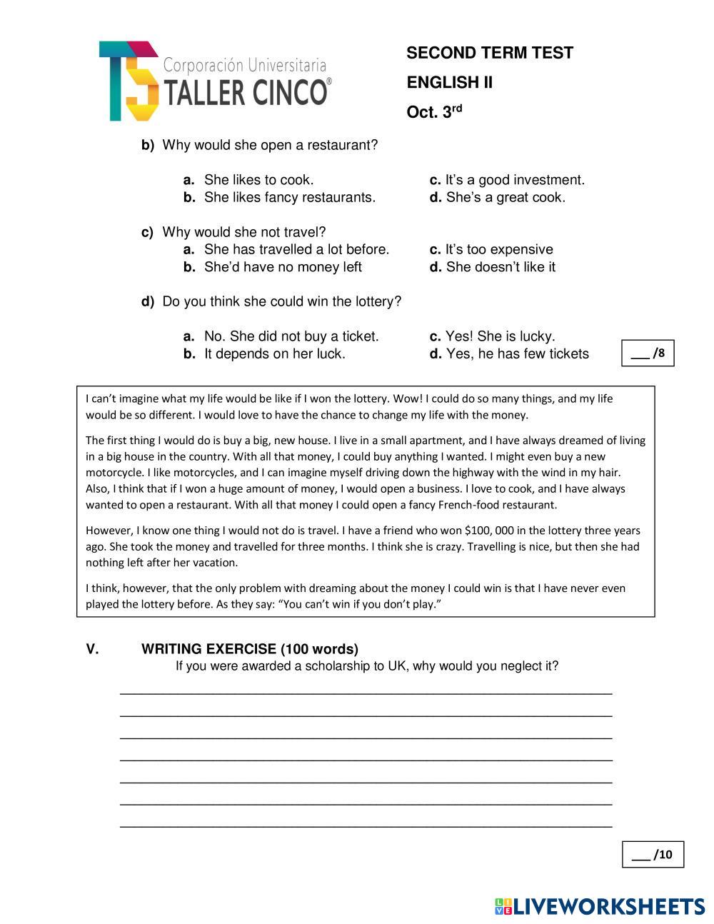 ENGLISH 2 SECOND TERM TEST 2023-2 | Live Worksheets