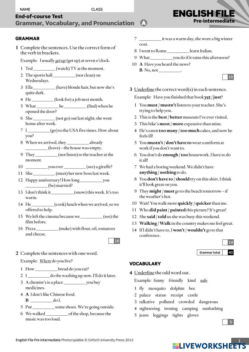 Pre intermediat… | Free Interactive Worksheets | 7221782