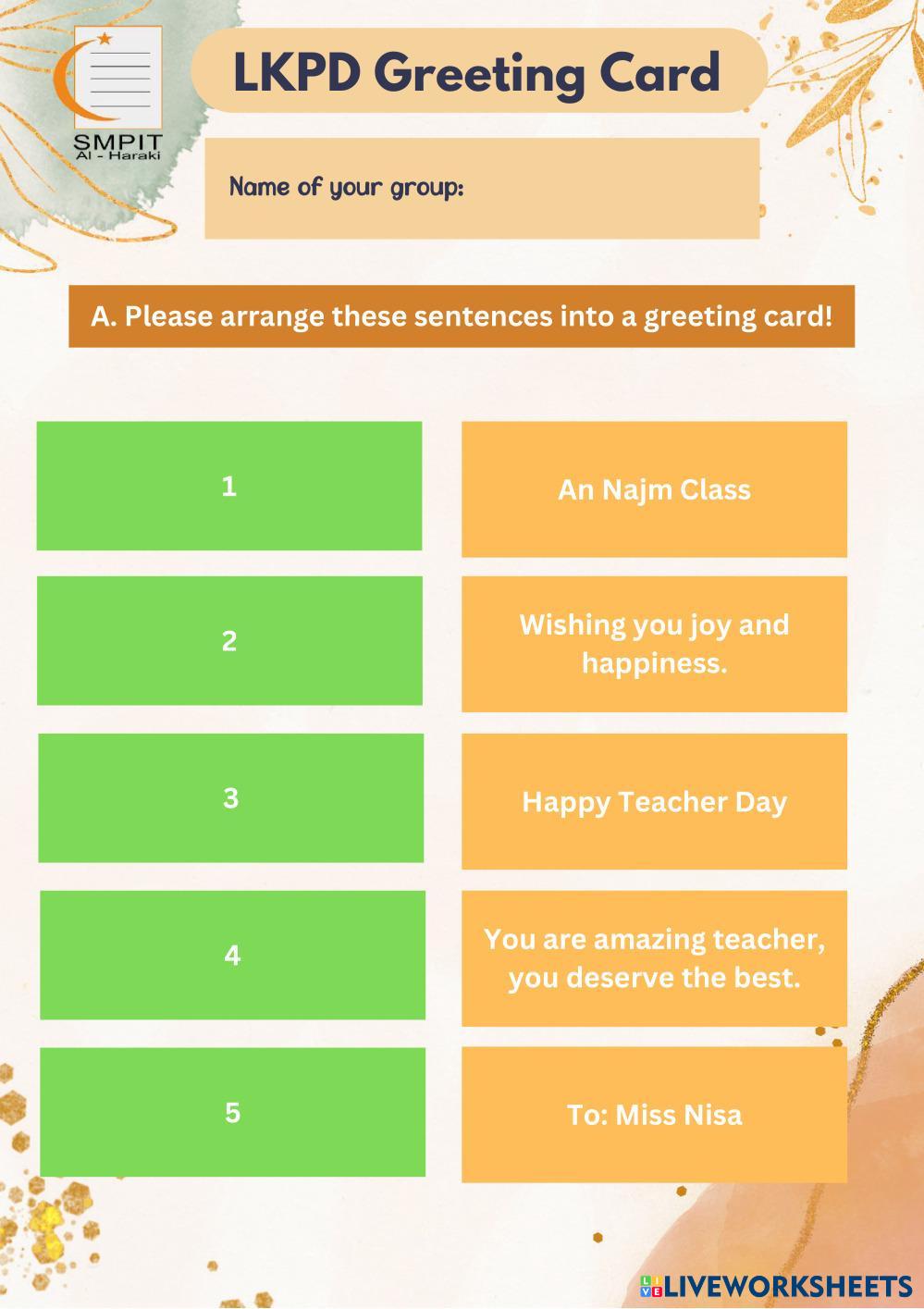 WORKSHEET GREETING CARD | Live Worksheets