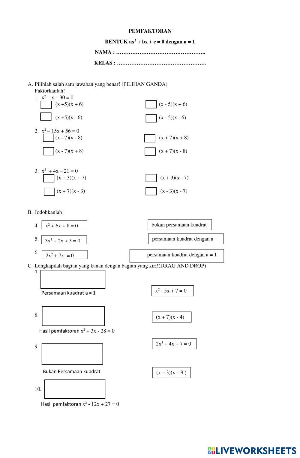 PEMFAKTORAN a =… | Free Interactive Worksheets | 7223322