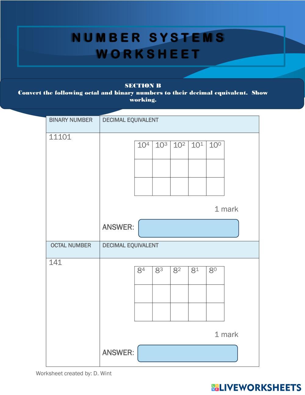 Binary, OCtal N… | Free Interactive Worksheets | 7223524