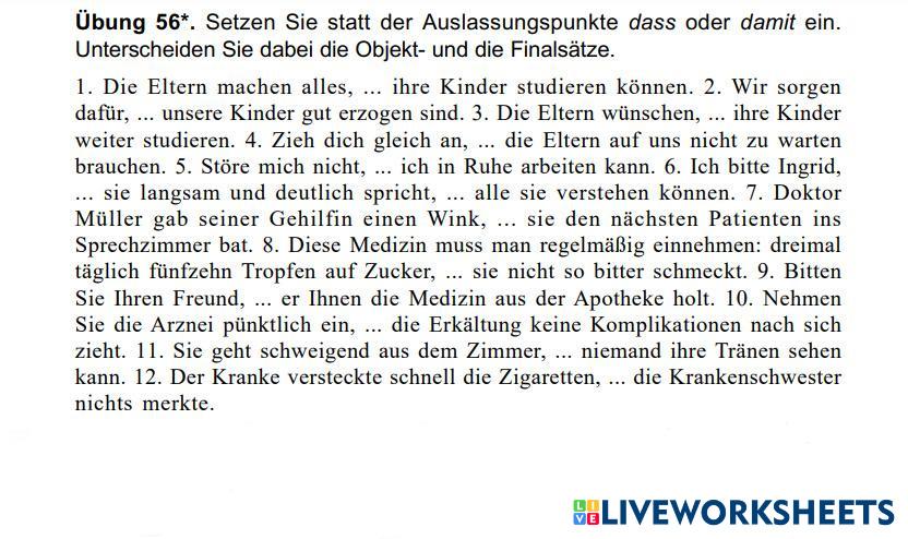 dass, damit | Free Interactive Worksheets | 7225657