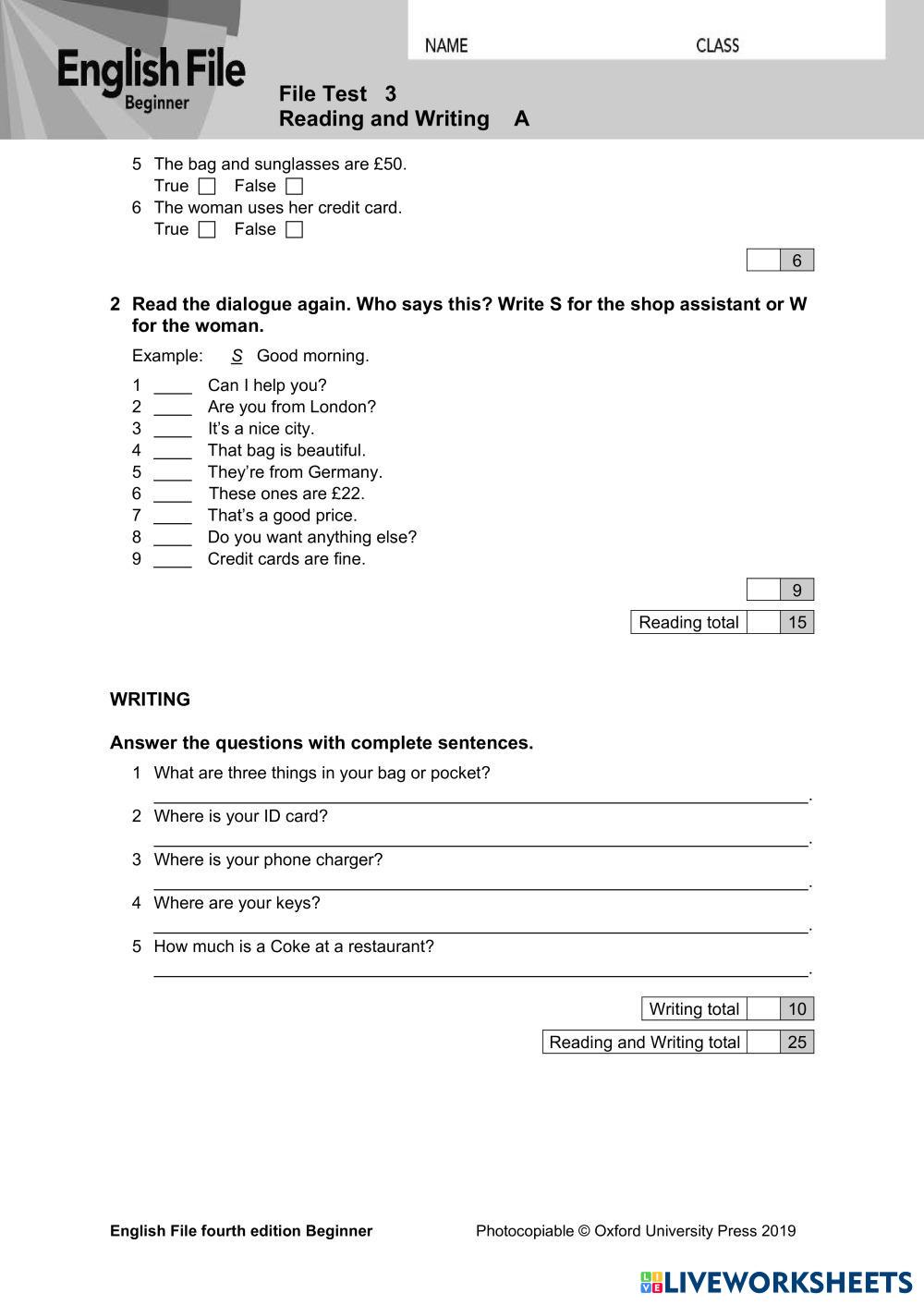 Beg_File Test 3 | Live Worksheets