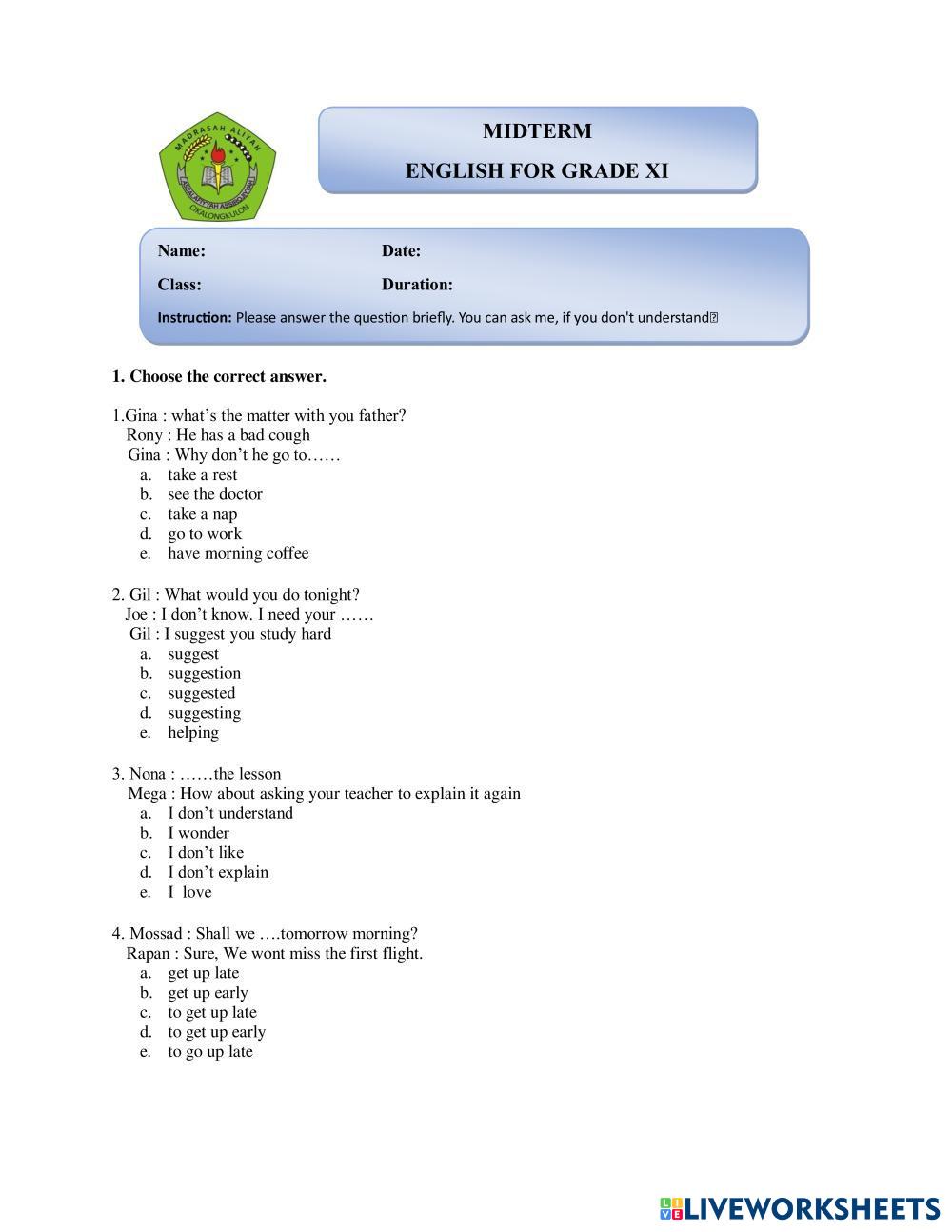 MIDTERM XI | Live Worksheets