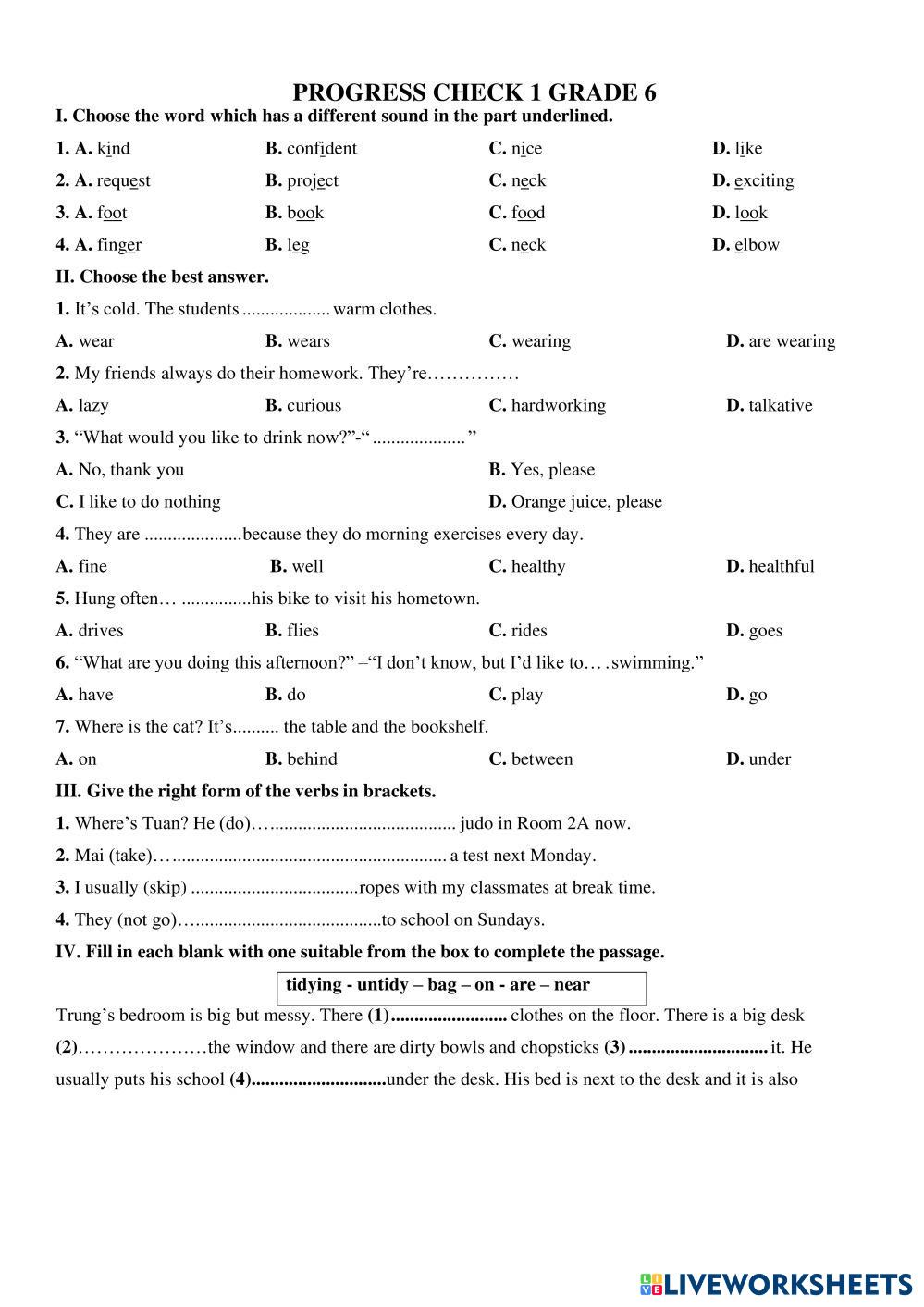 Progress check G6 7226985 | Ellie Vuong | LiveWorksheets