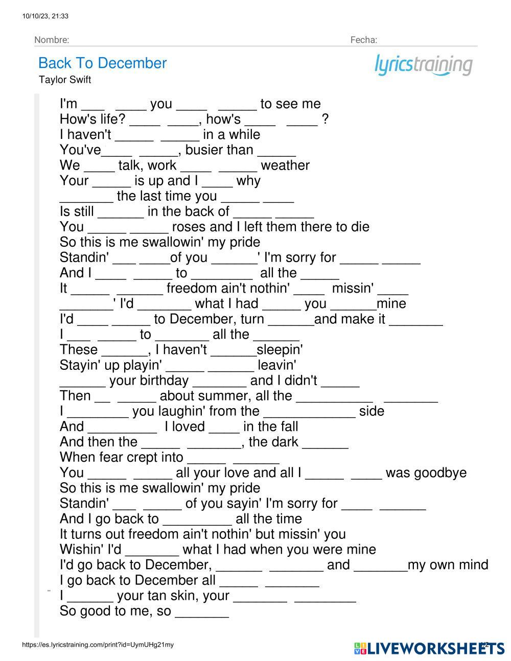 back to December | Live Worksheets