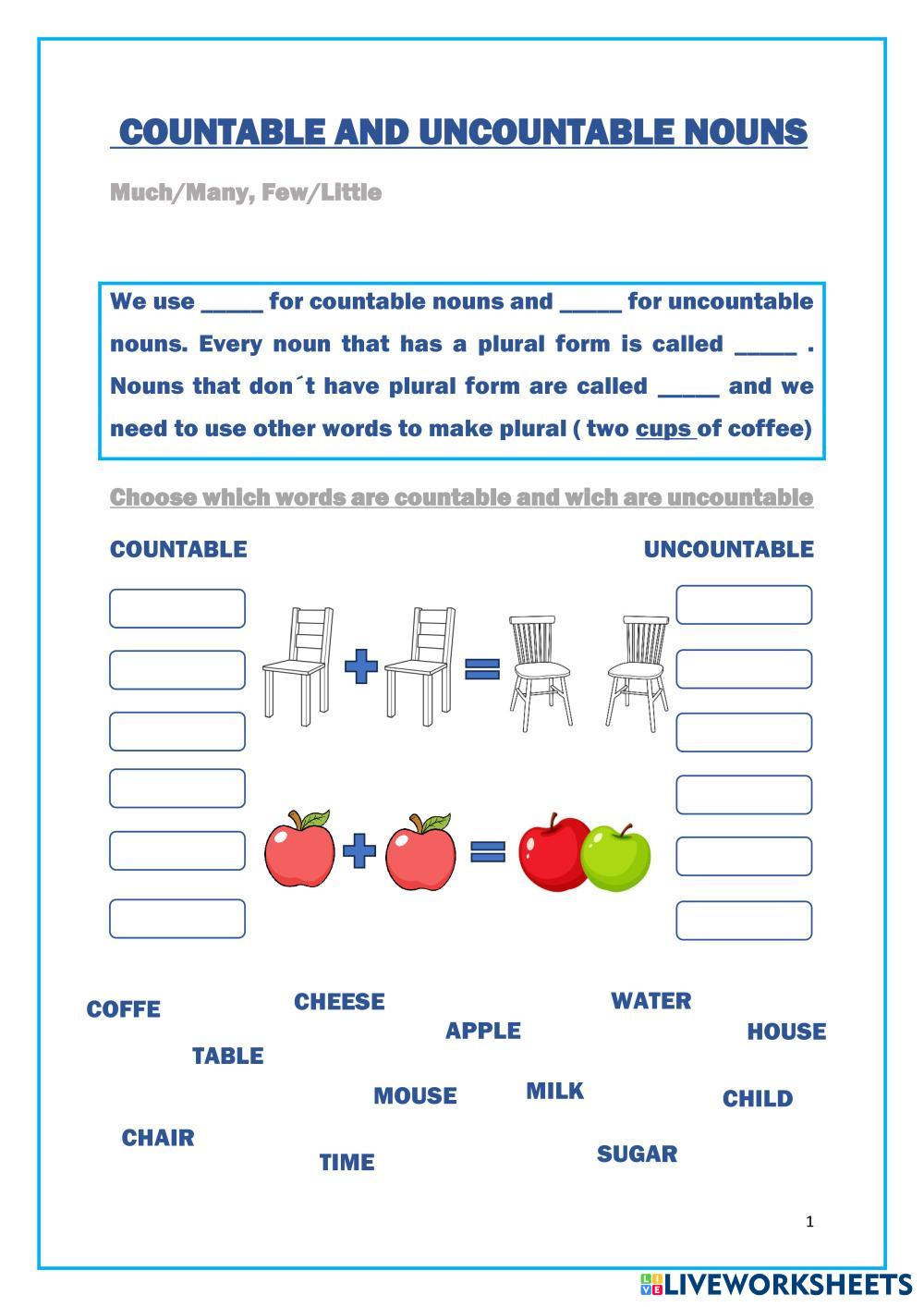 Countable and Uncountable nouns | Live Worksheets