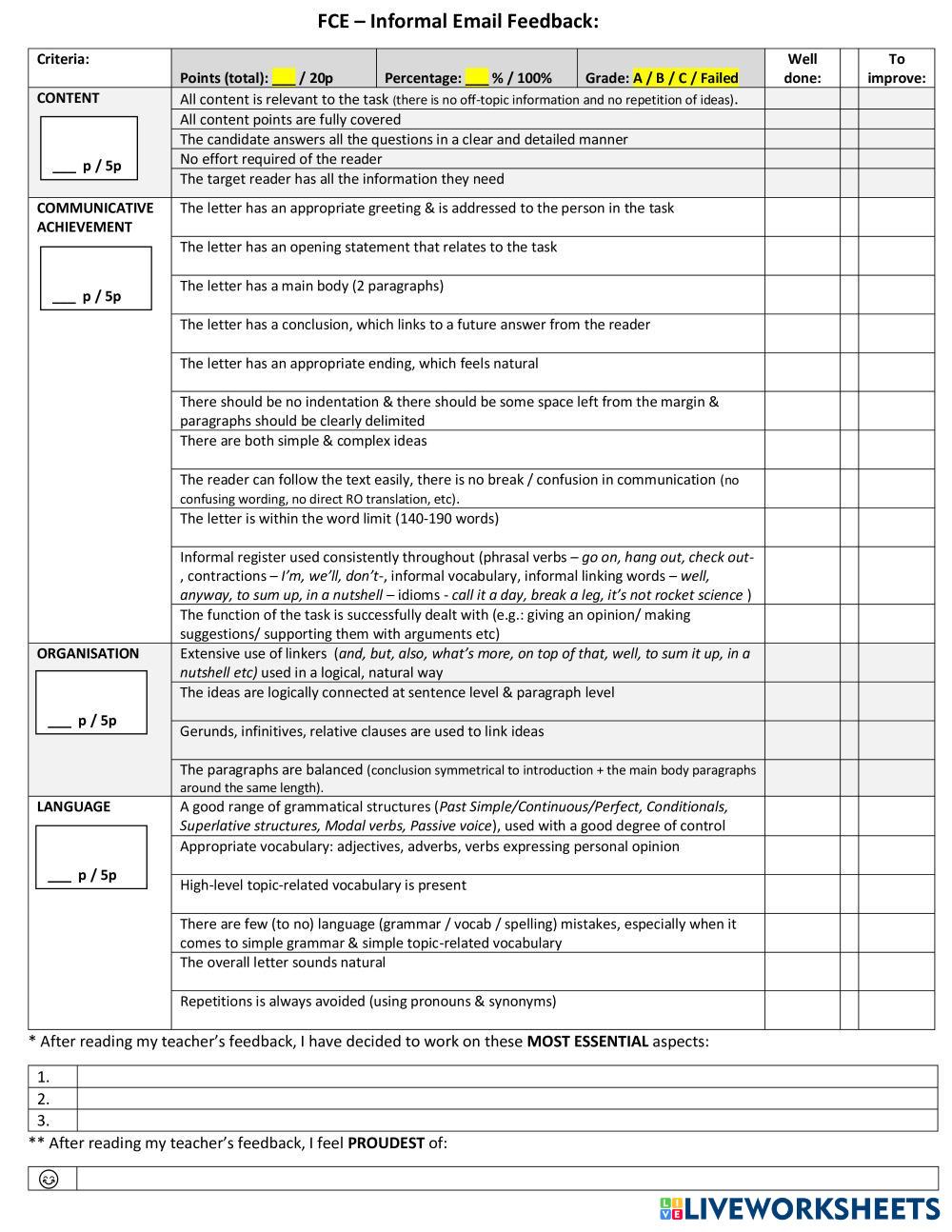 FCE feedback 7239432 | DinuAlexandra24 | Live Worksheets