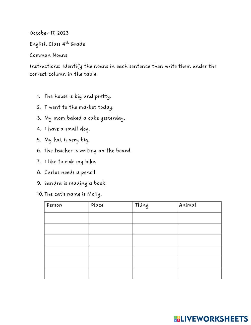 Common Nouns | Live Worksheets