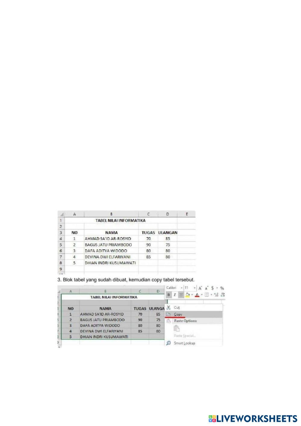 Integrasi exel to word | Live Worksheets