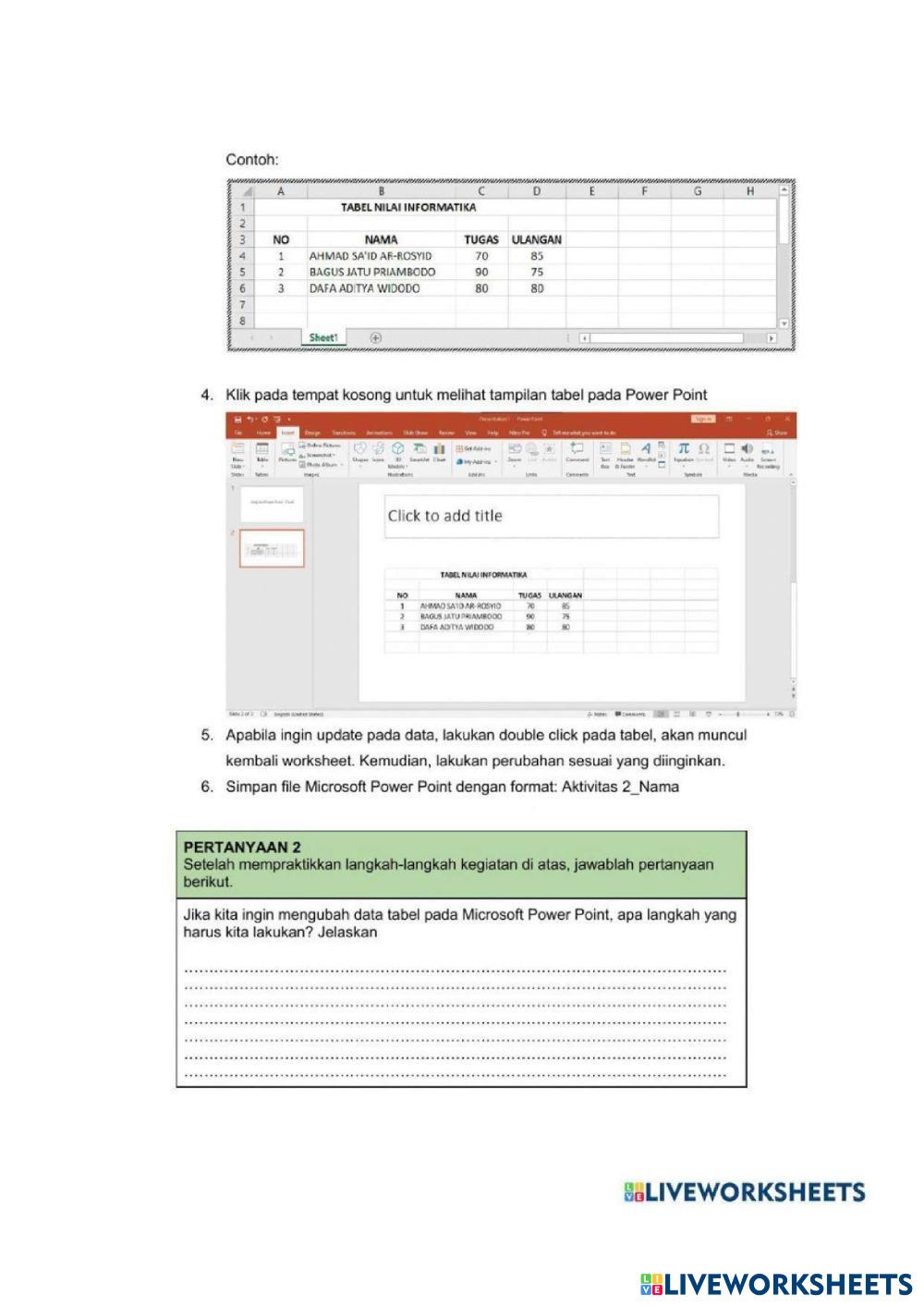 Integrasi exel to word | Live Worksheets