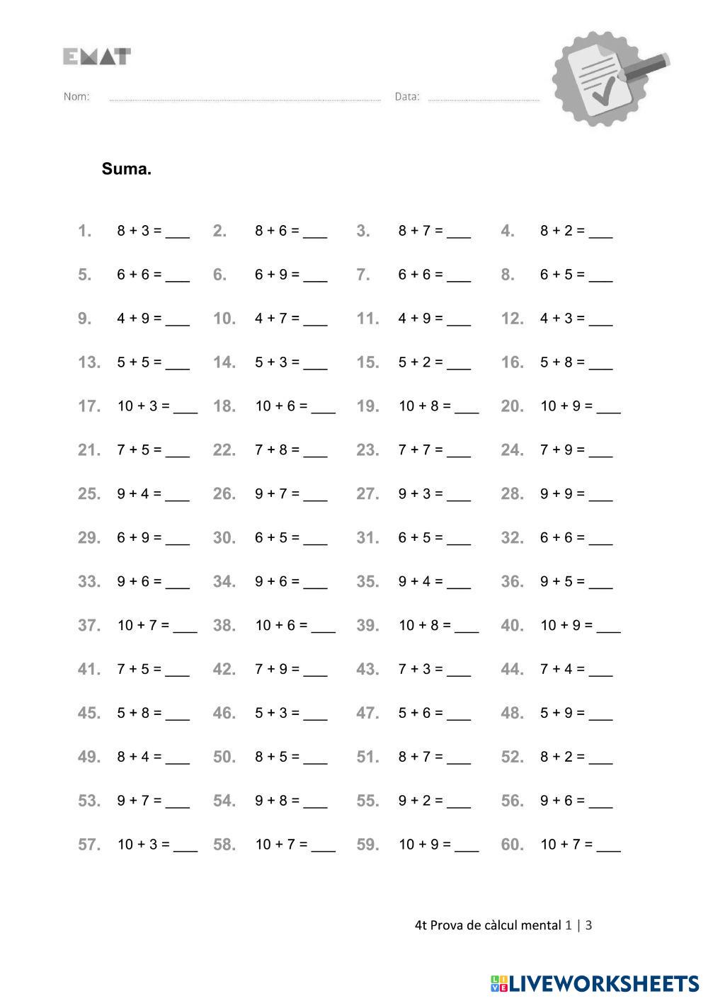 2 MINUTS SUMES | Live Worksheets