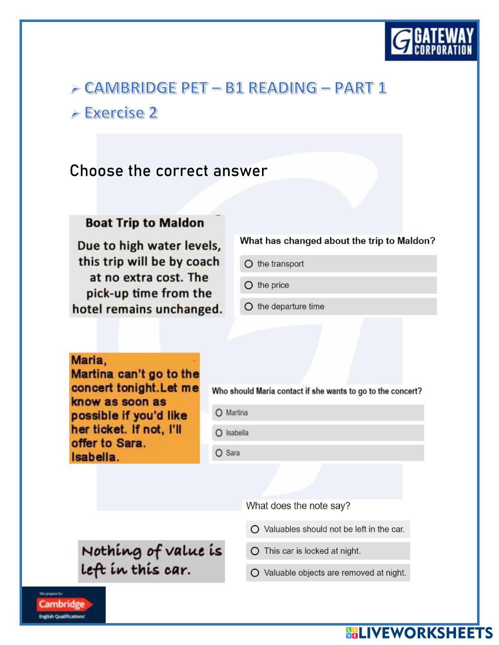 CAMBRIDGE PET – B1 READING – PART 1 - Exercise 2 1715