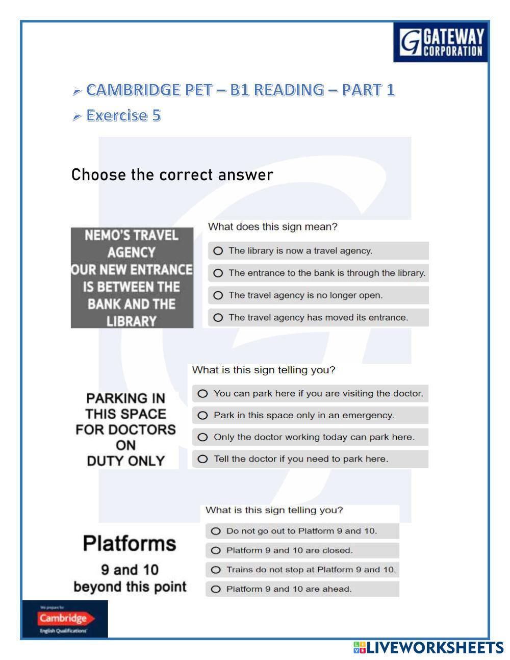 7241551 | CAMBRIDGE PET – B1 READING – PART 1 - Exercise
