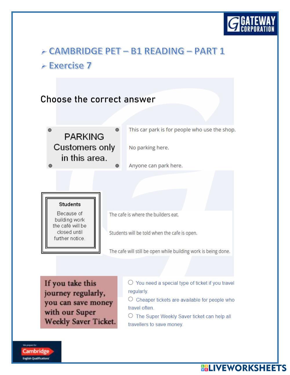 CAMBRIDGE PET – B1 READING – PART 1 - Exercise 7 | Live Worksheets