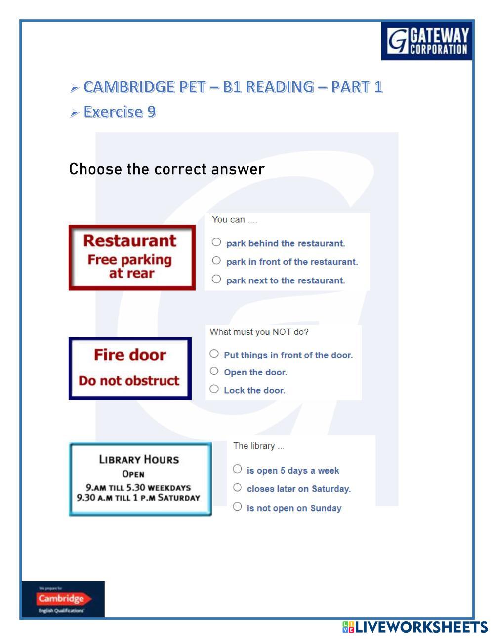 7241614 | CAMBRIDGE PET – B1 READING – PART 1 - Exercise