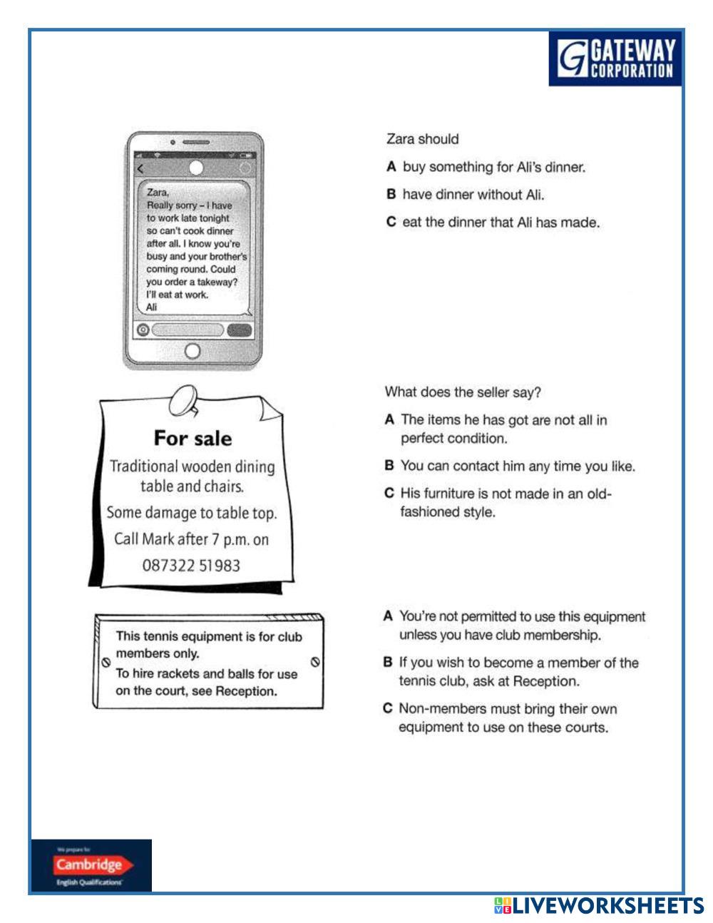 CAMBRIDGE PET –… | Free Interactive Worksheets | 7242105