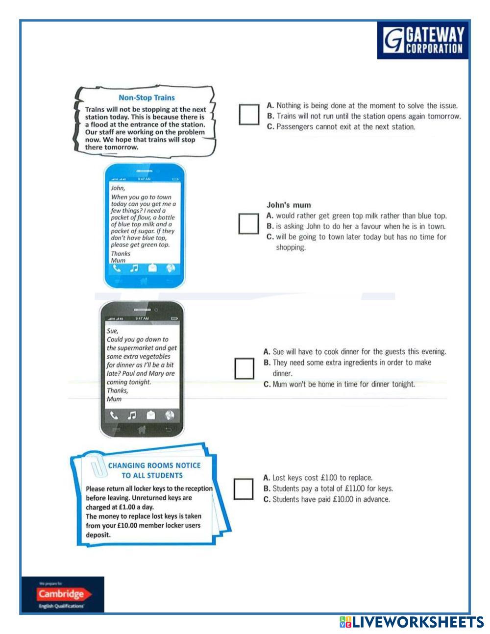CAMBRIDGE PET – B1 READING – PART 1 - Exercise 18 | Live Worksheets