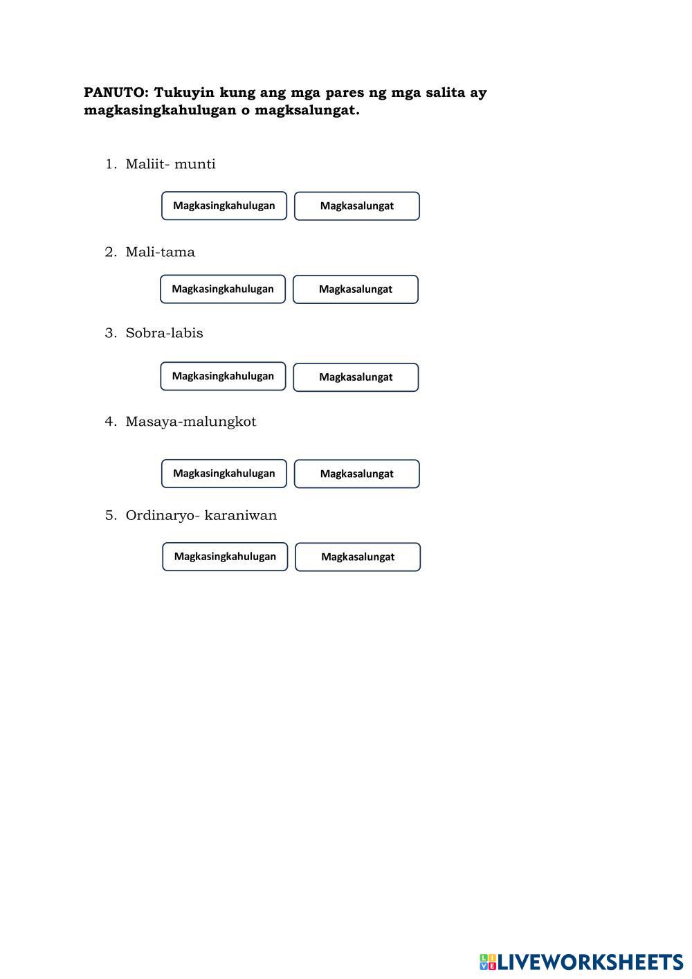 Magkasingkahulugan At Magkasalungat Worksheet Live Wo