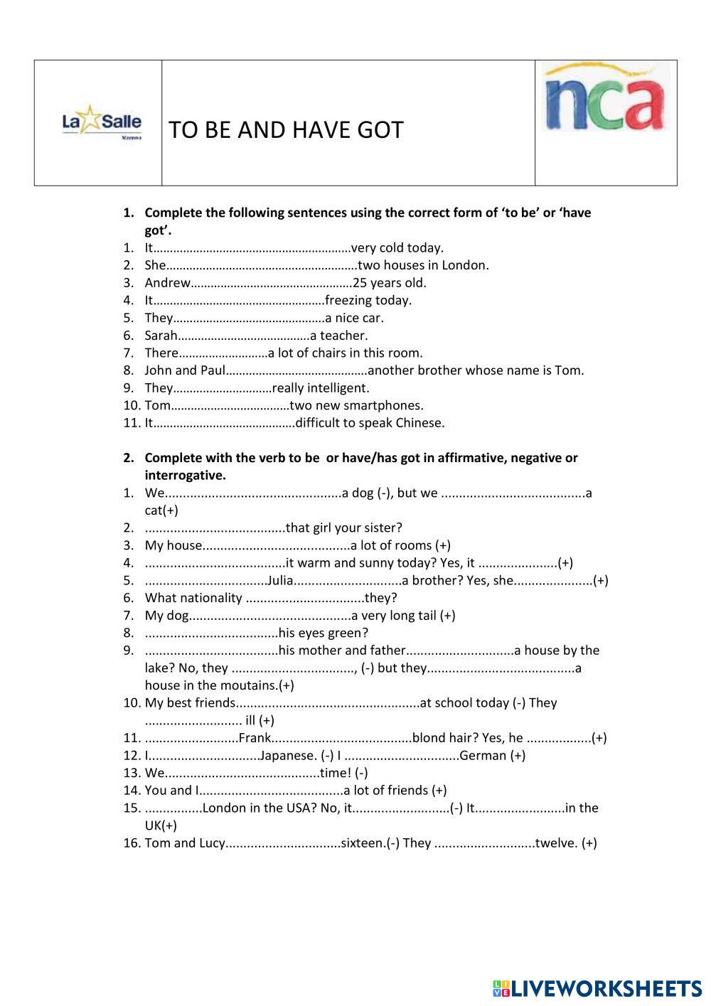 TO BE / TO HAVE GOT and TO HAVE | Live Worksheets