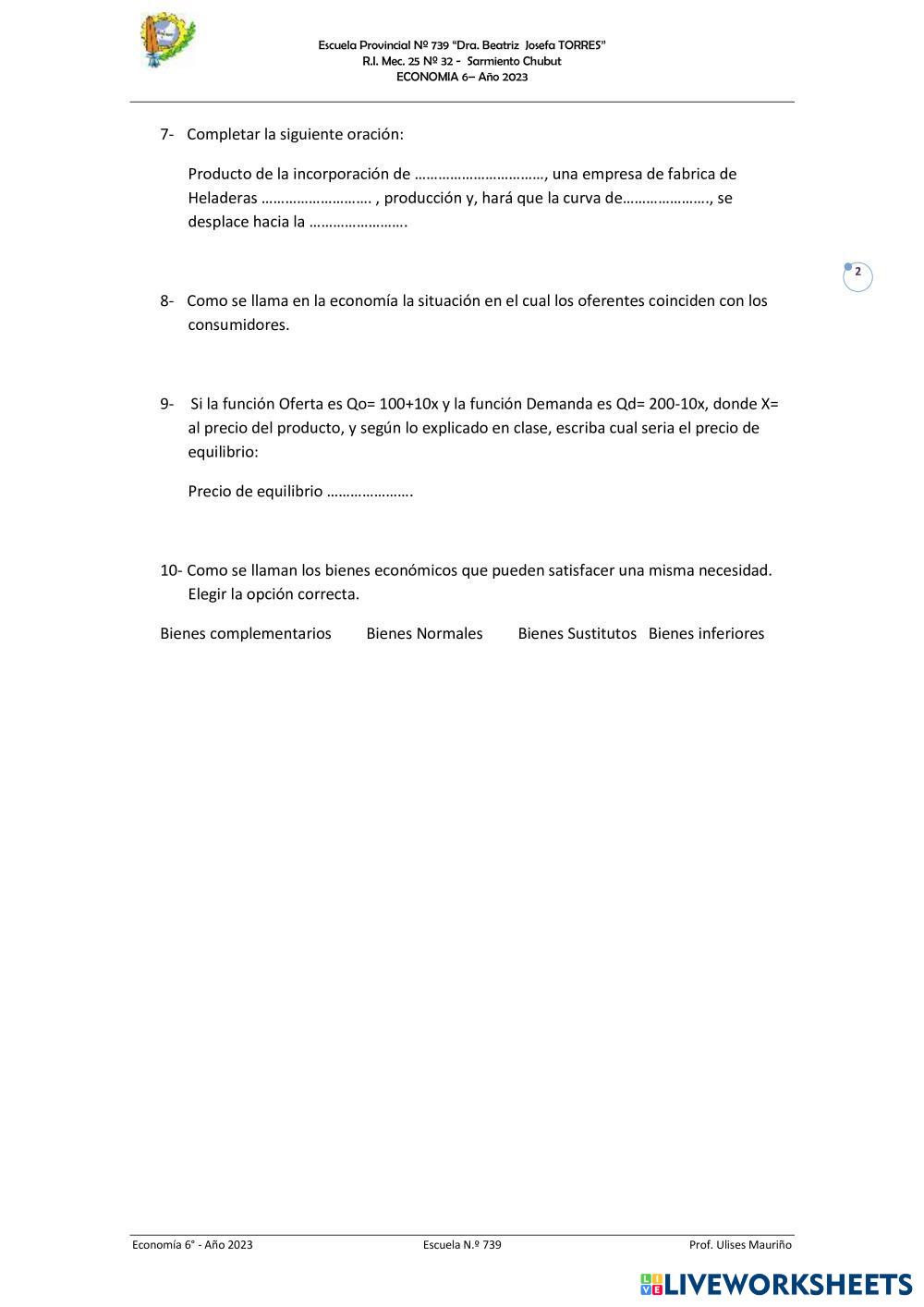 Economía 6 Hum … | Free Interactive Worksheets | 7244268