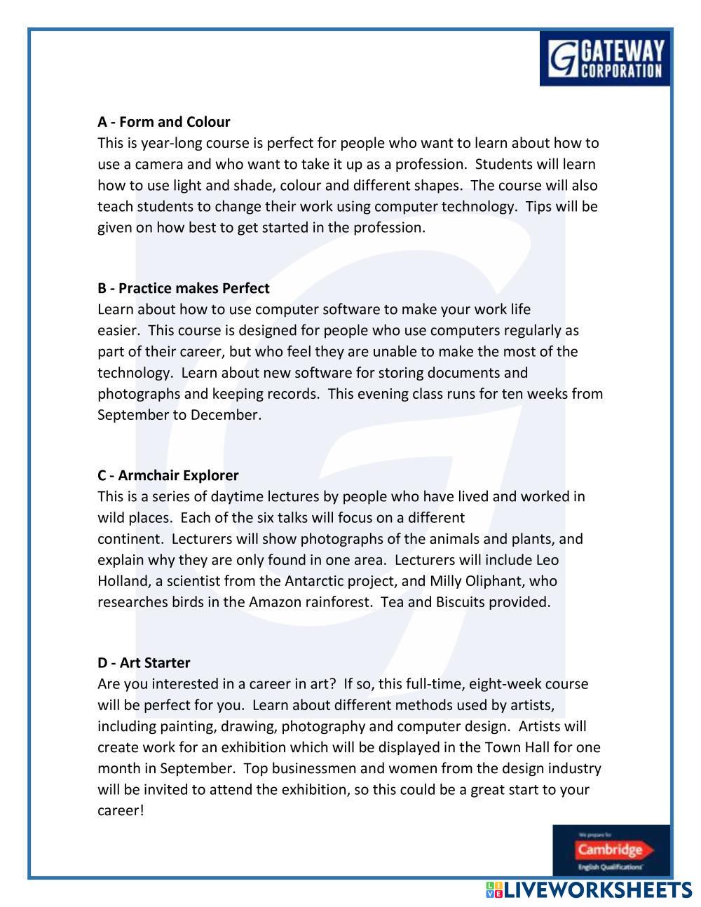 CAMBRIDGE PET – B1 READING – PART 2 - Exercise 5 | Live Worksheets