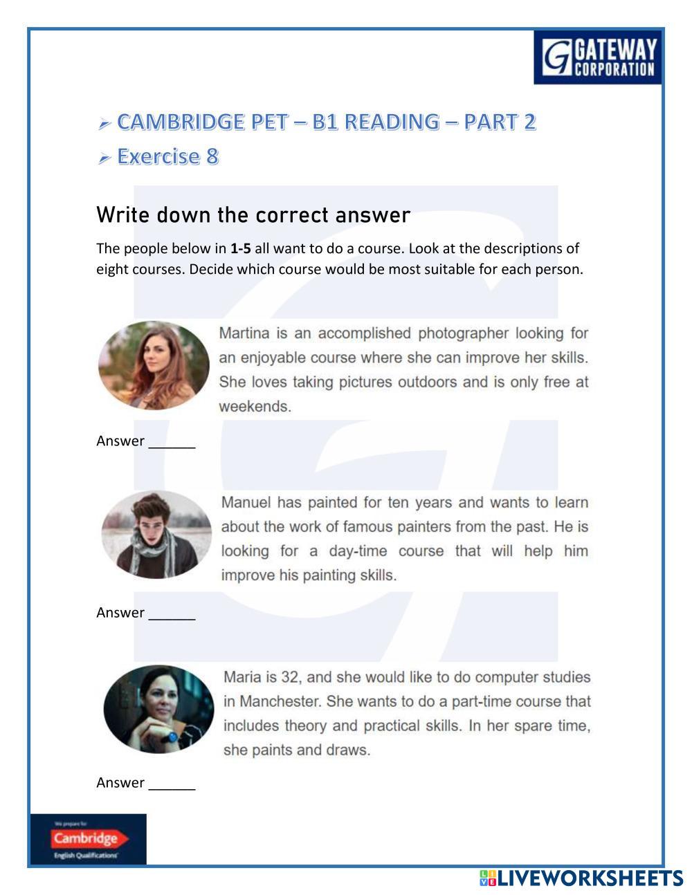 CAMBRIDGE PET – B1 READING – PART 2 - Exercise 8 7247782