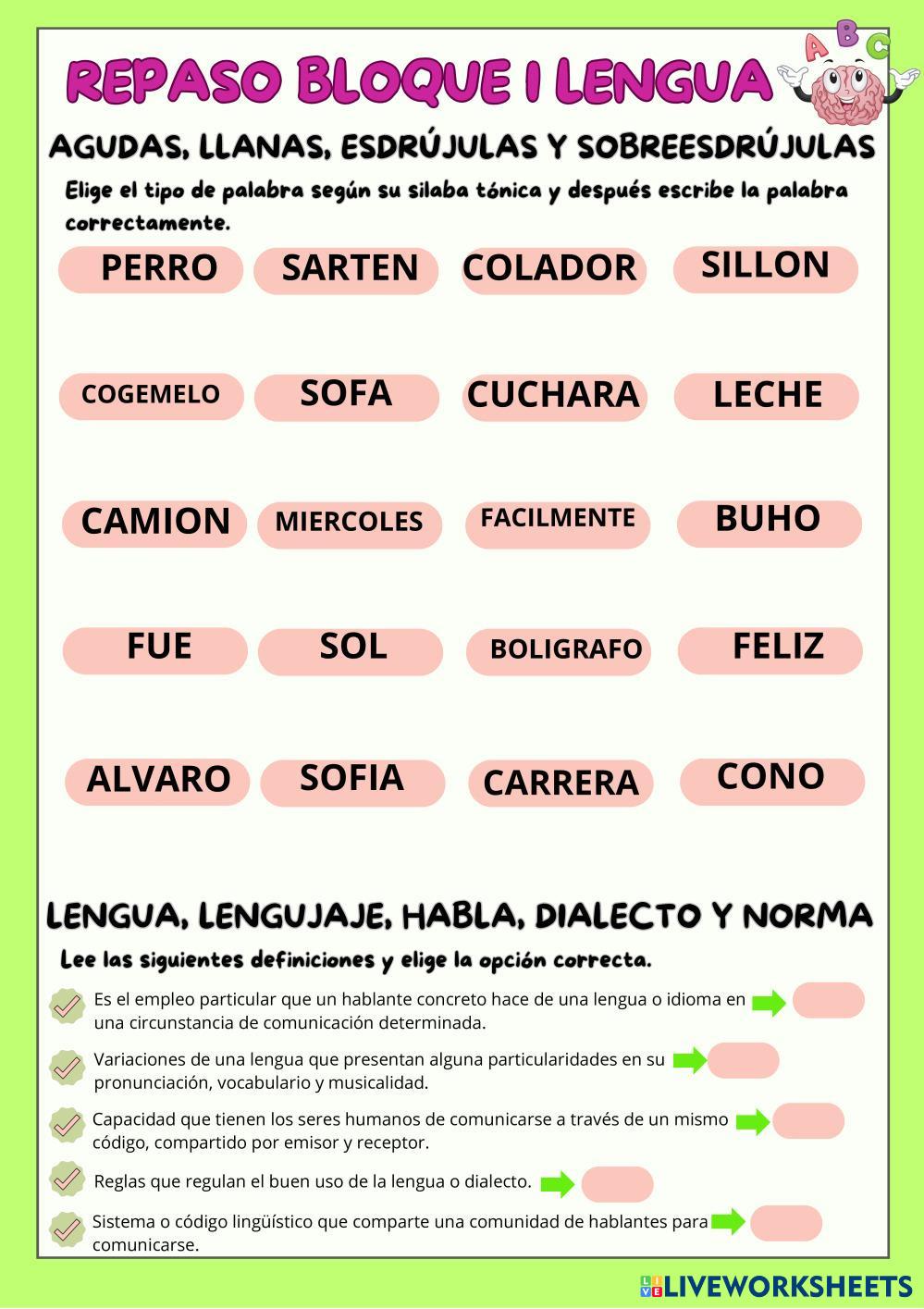 REPASO BLOQUE I LENGUA | Live Worksheets