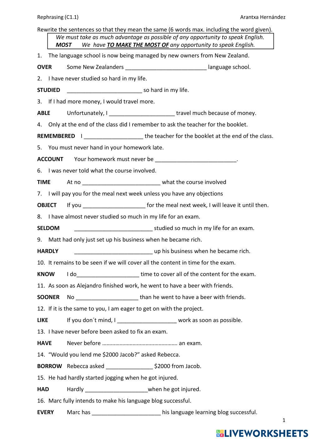 Rephrasing 1 | Free Interactive Worksheets | 7250017