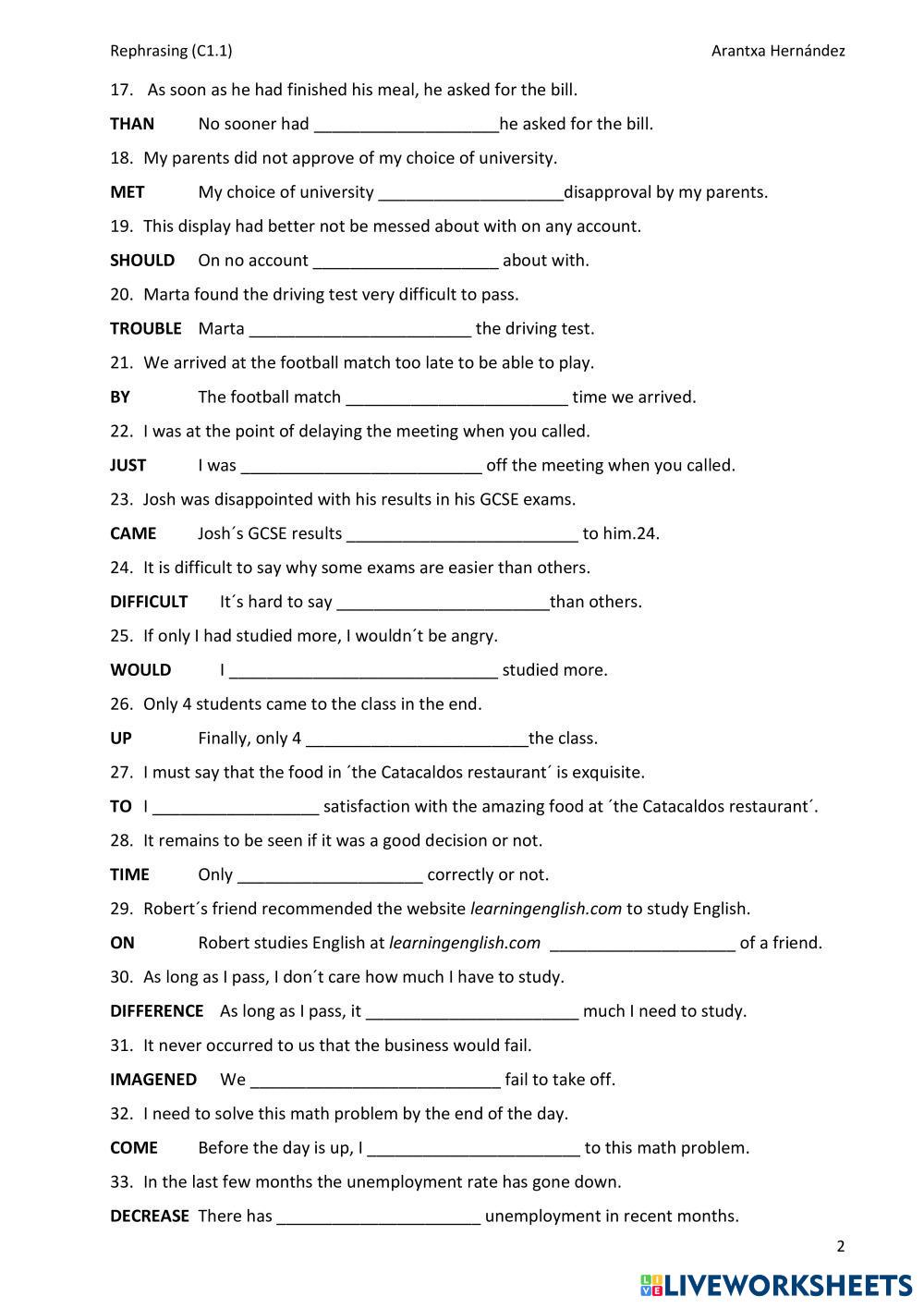 Rephrasing 1 | Free Interactive Worksheets | 7250017