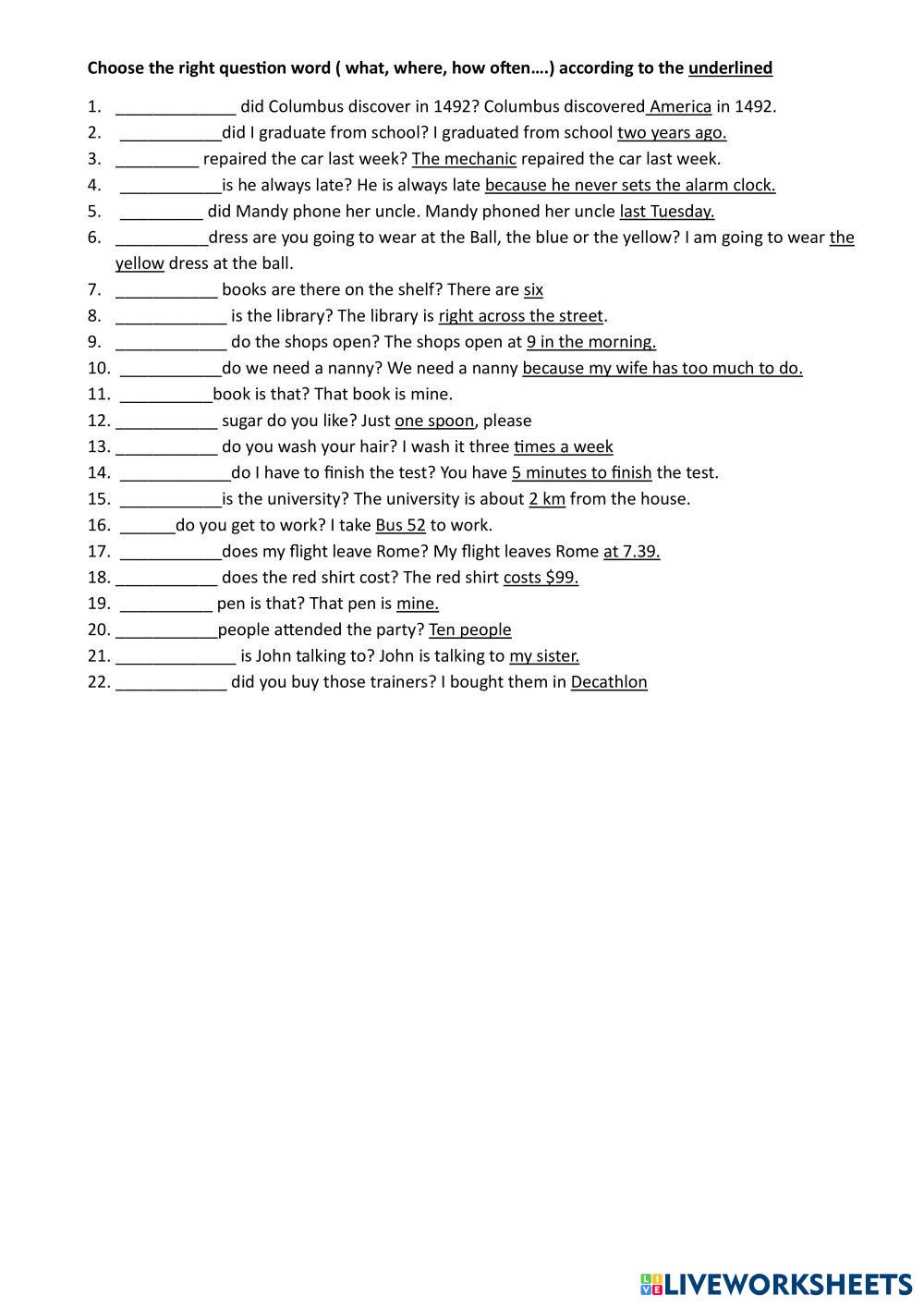 QUESTION WORDS | Live Worksheets