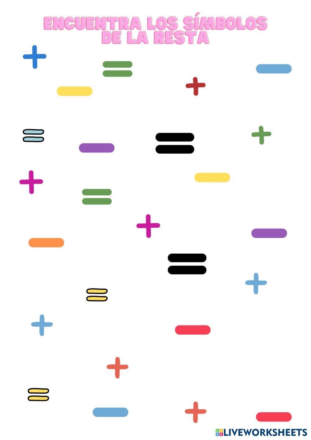 Identifica el símbolo de la resta | Live Worksheets