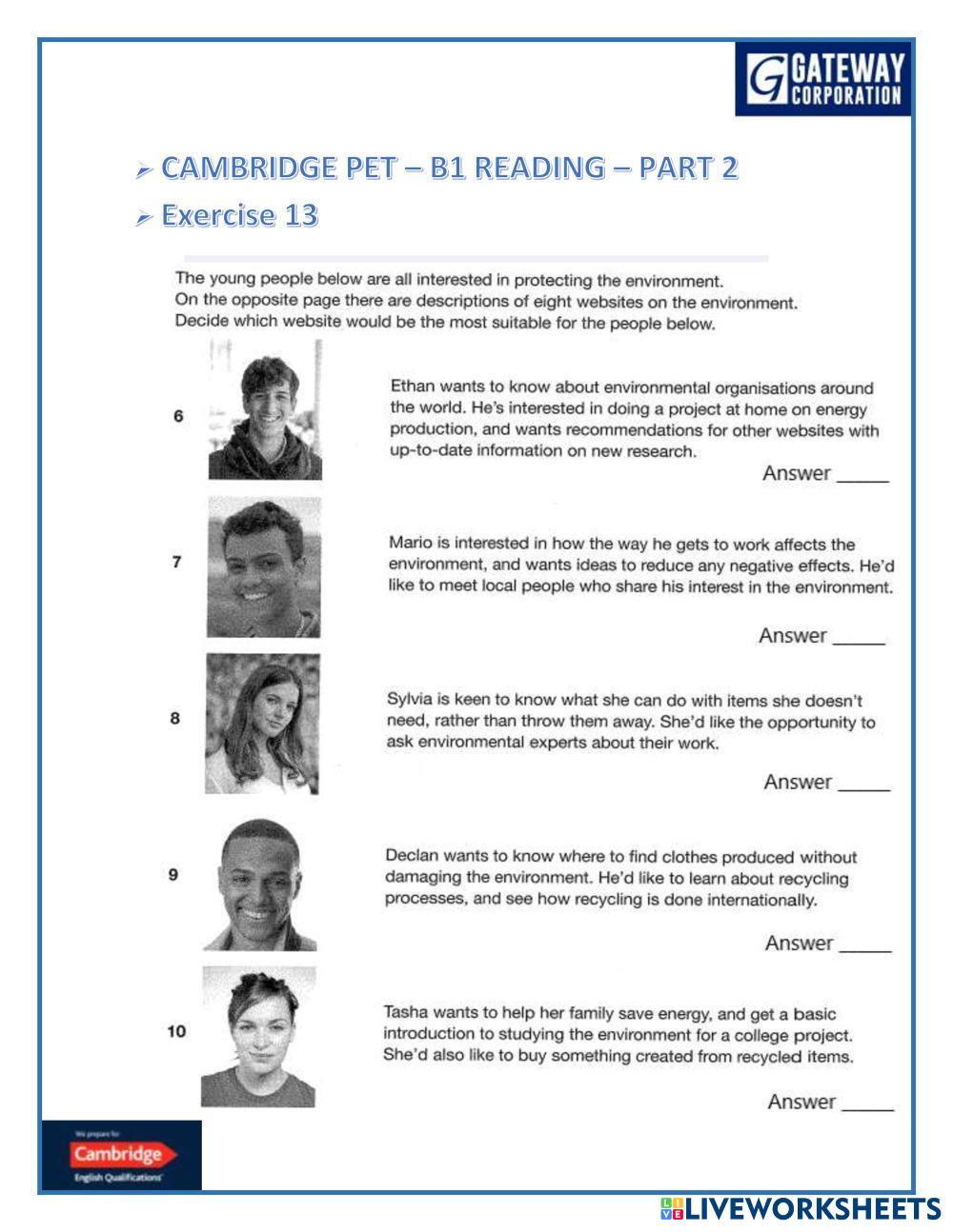 CAMBRIDGE PET –… | Free Interactive Worksheets | 7252078