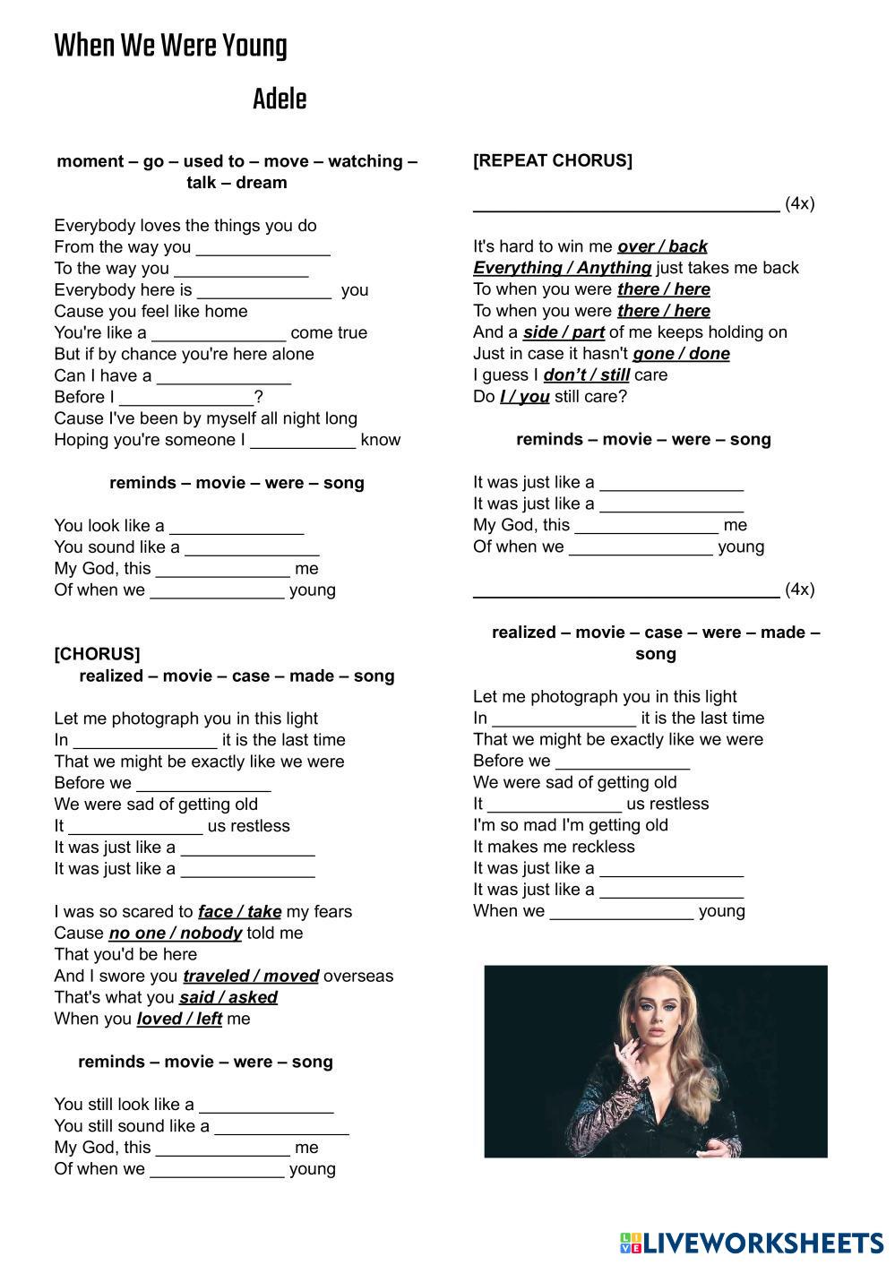 WHEN WE WERE YOUNG - ADELE | Live Worksheets