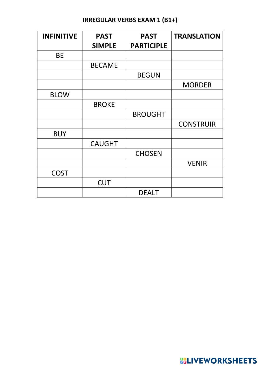 IRREGULAR VERBS EXAM 1 | Live Worksheets