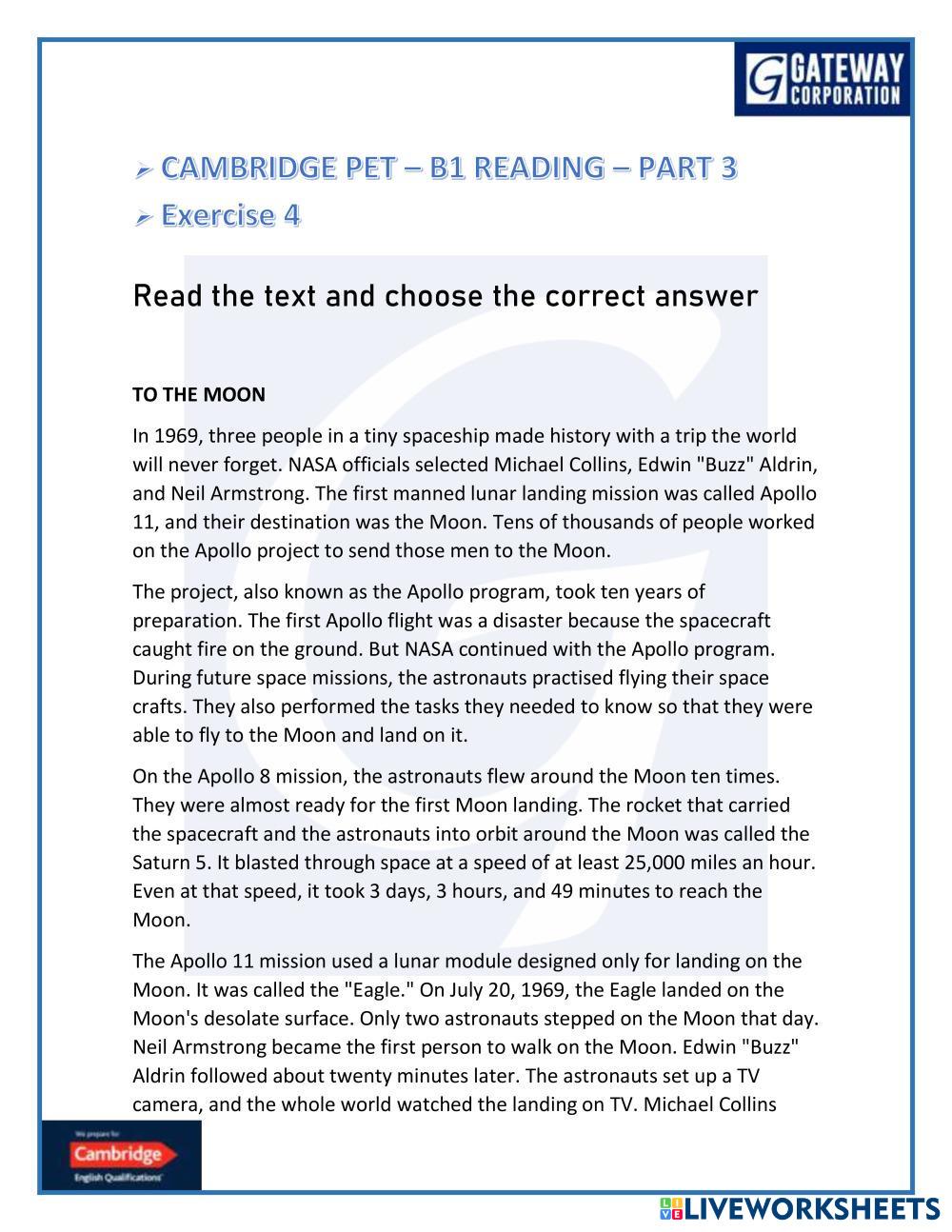 CAMBRIDGE PET – B1 READING – PART 3 - Exercise 4 7254622