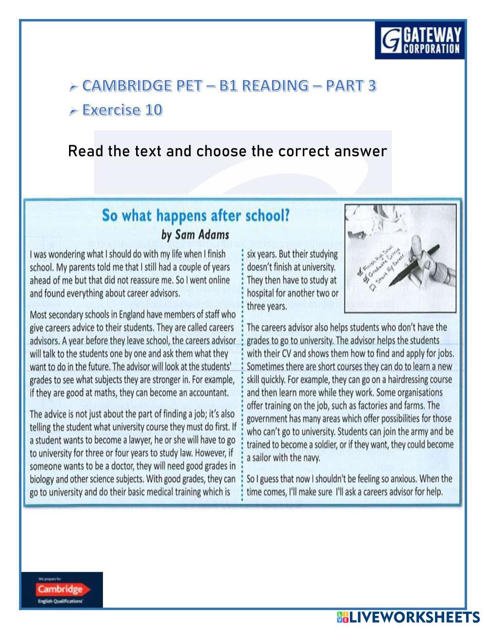 CAMBRIDGE PET – B1 READING – PART 3 - Exercise 10 | Live Worksheets