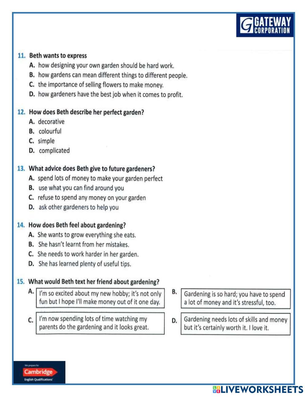 CAMBRIDGE PET – B1 READING – PART 3 - Exercise 11 | Live Worksheets