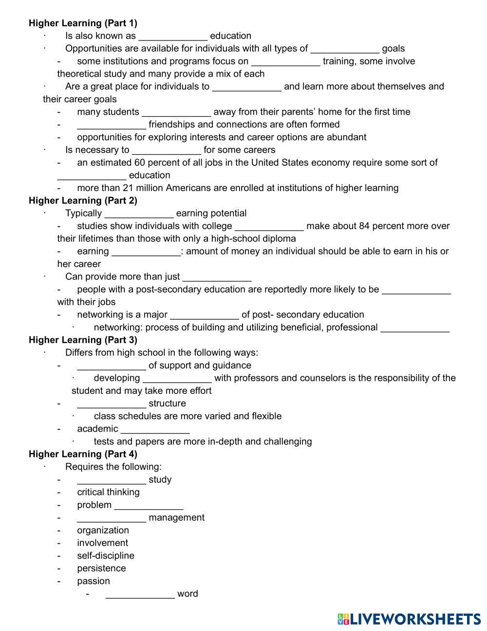 Higher learning pt 1 | Live Worksheets