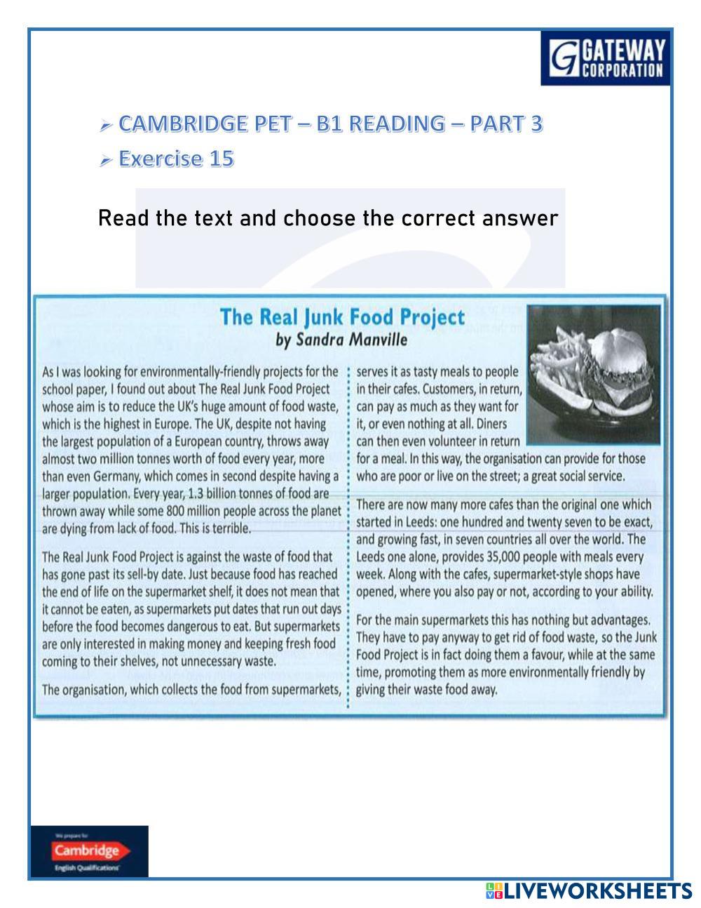 CAMBRIDGE PET – B1 READING – PART 3 - Exercise 15 | Live Worksheets