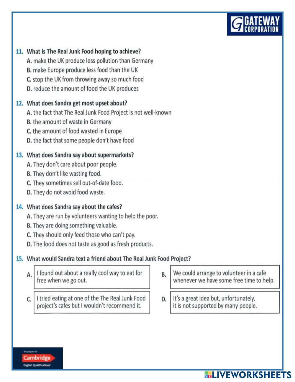 CAMBRIDGE PET – B1 READING – PART 3 - Exercise 15 | Live Worksheets