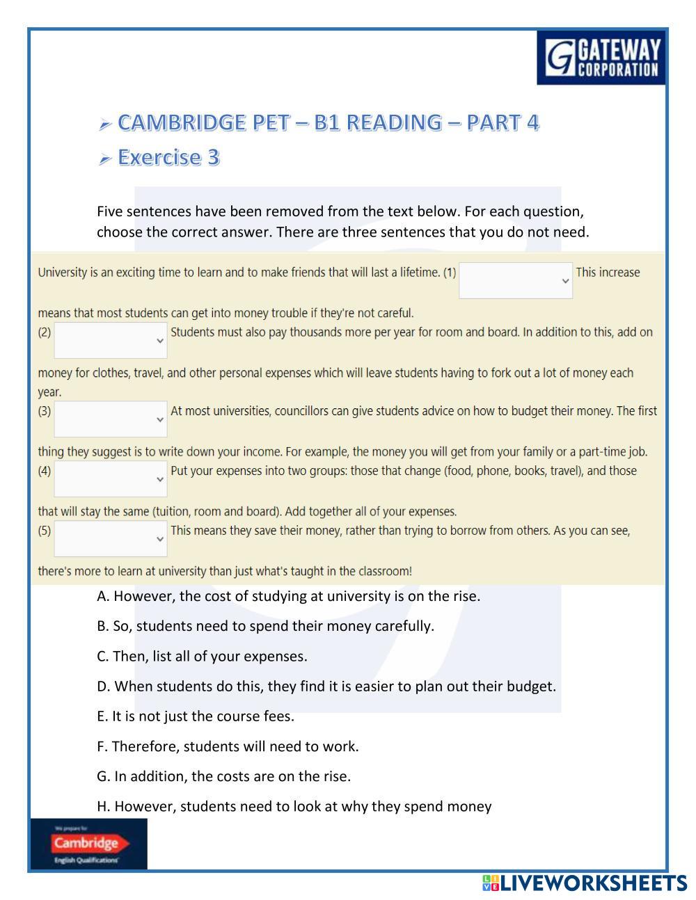 CAMBRIDGE PET –… | Free Interactive Worksheets | 7255062