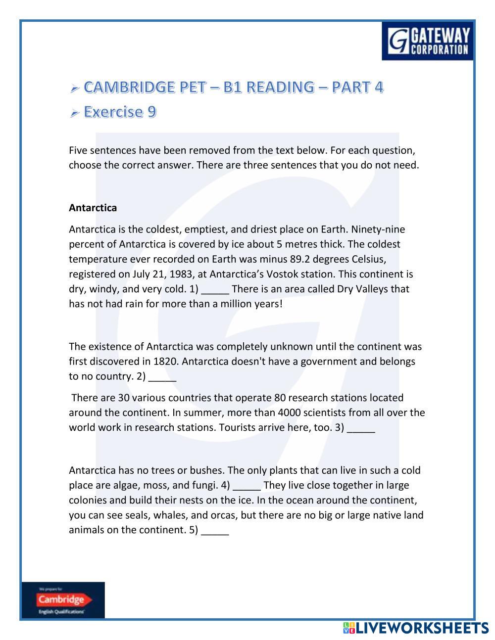 CAMBRIDGE PET –… | Free Interactive Worksheets | 7255128