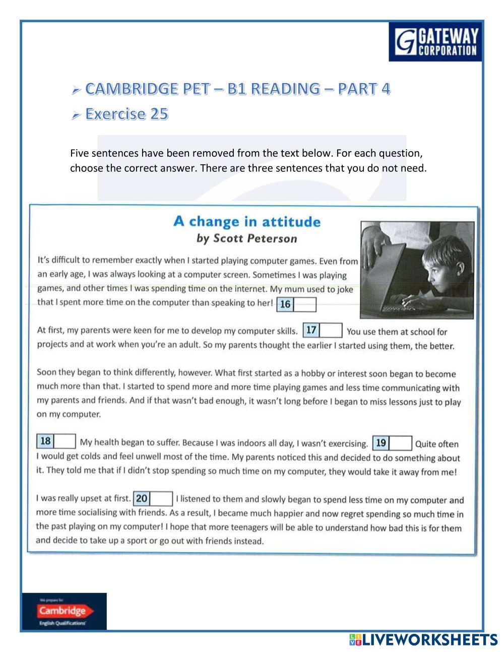 CAMBRIDGE PET – B1 READING – PART 4 - Exercise 25 | Live Worksheets