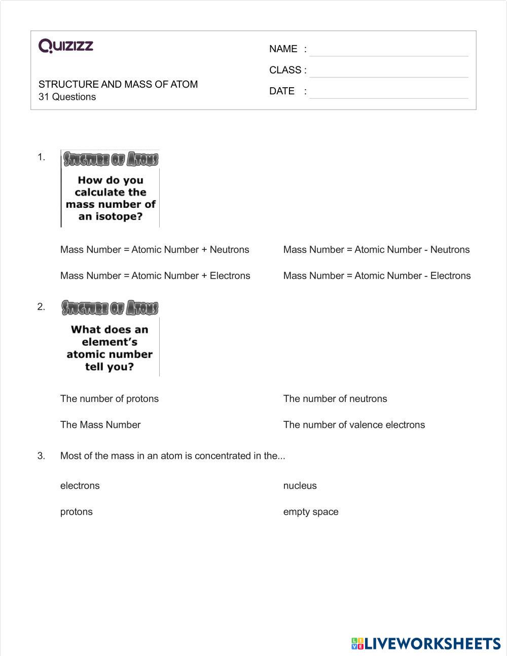 STRUCTURE AND MASS OF ATOM | Live Worksheets