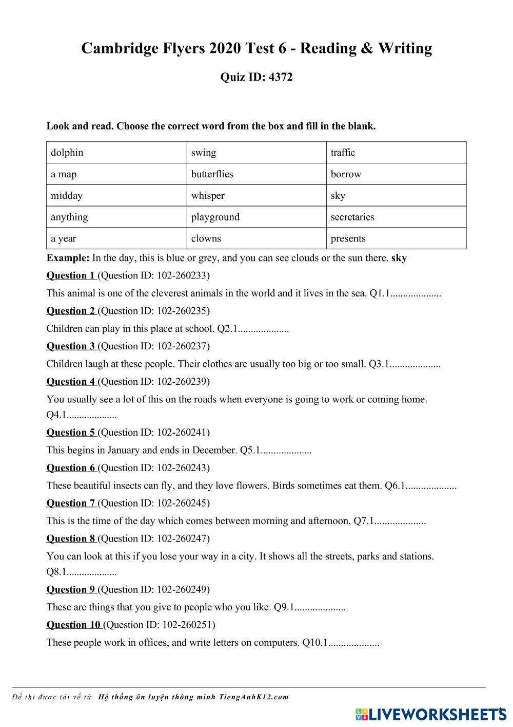 FLYERS READING&WRITING TEST 06 | Live Worksheets