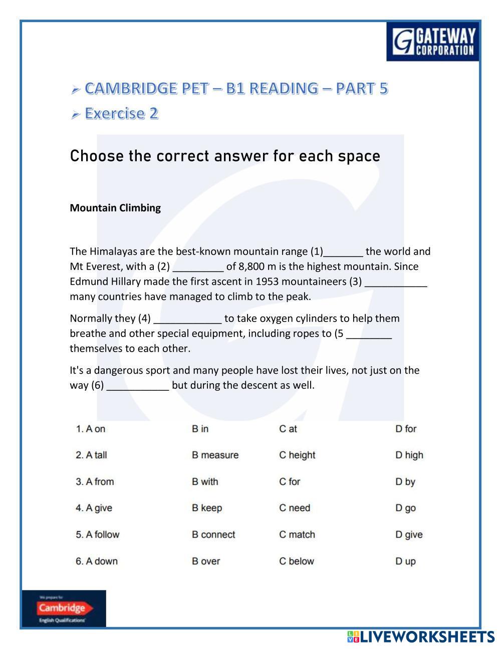 CAMBRIDGE PET – B1 READING – PART 5 - Exercise 2 7256681
