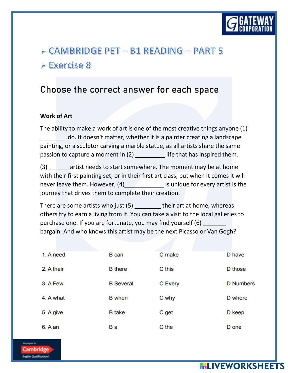 CAMBRIDGE PET – B1 READING – PART 5 - Exercise 8 | Live Worksheets