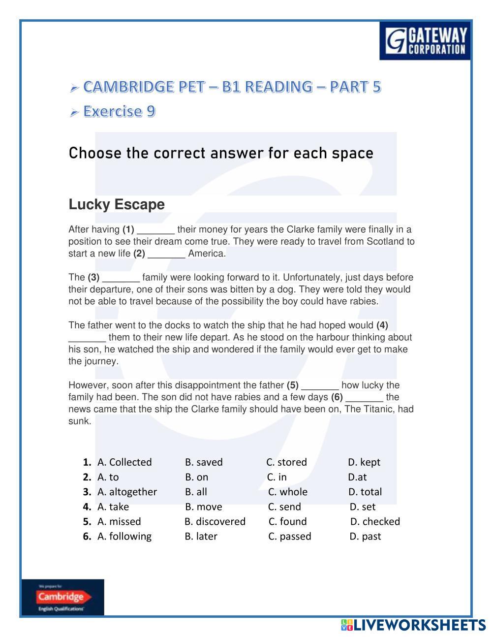 CAMBRIDGE PET –… | Free Interactive Worksheets | 7256848