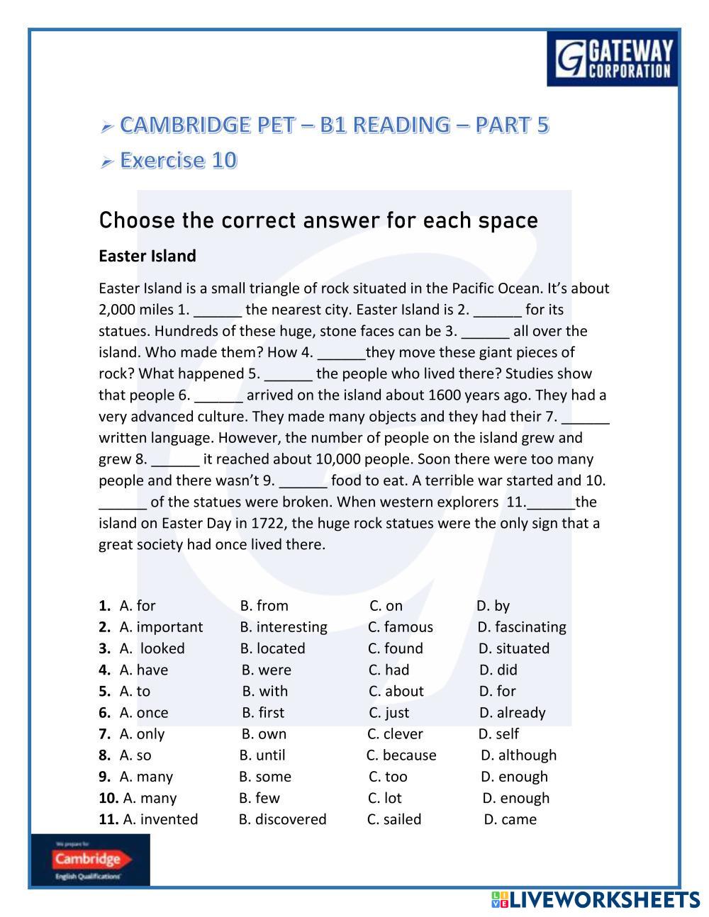 B1 TEACHER GATEWAY 5 | CAMBRIDGE PET – B1 READING – PART